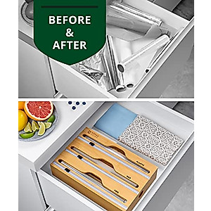 ROYAL CRAFT WOOD Bamboo Kitchen Drawer Organizer with 3 Slots for Food Storage Containers, Kitchen Foil, and Plastic Wrap – Includes Cutter
