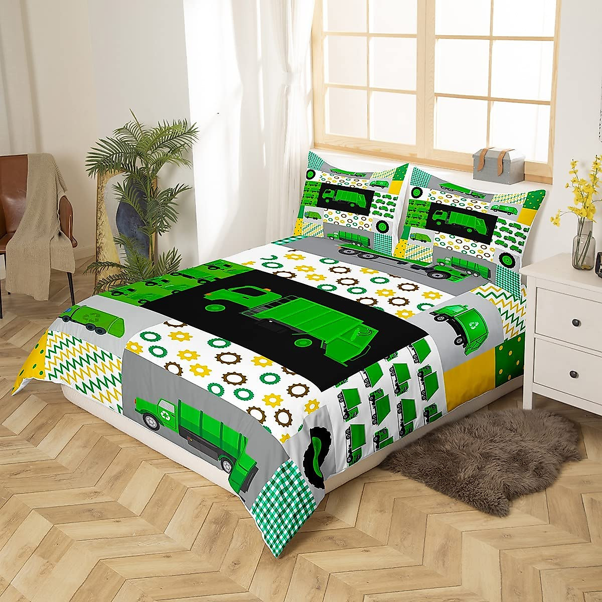 Green Garbage Truck Comforter Cover Powered Waste Management Recycling Truck Duvet Cover for Kids Boys Girls Car Room Decor Bedclothes Full Size (No Comforter)