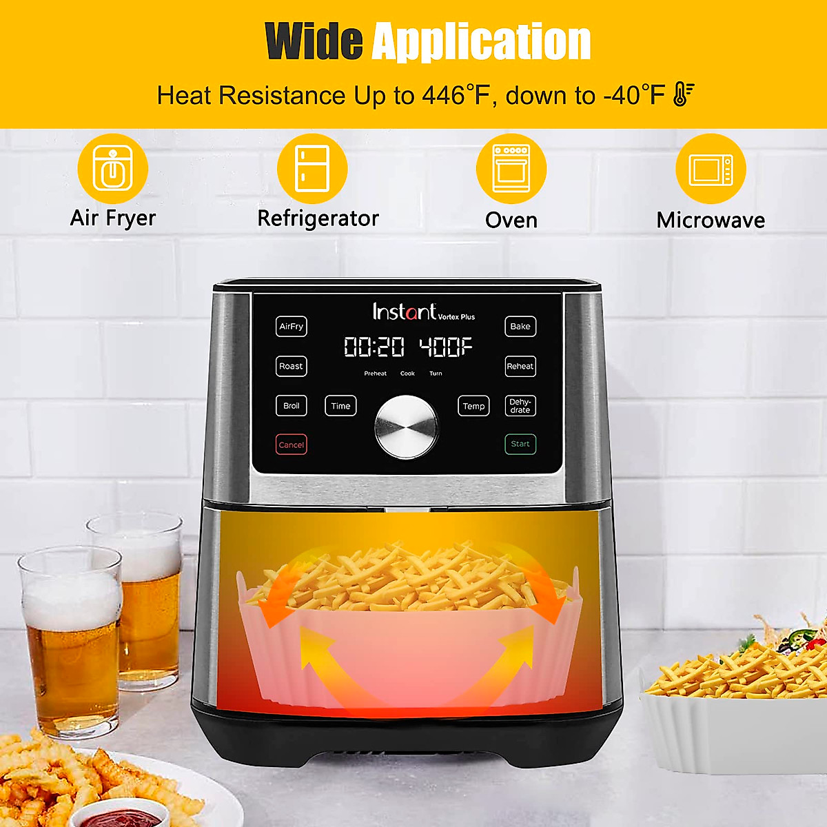 MMH 3PCs Square Air Fryer Silicone Liners for 5-8QT Airfryers, Reusable & Durable Airfryer Pot Inserts Replacement for Oven Microwave Accessories | Easy Cleaning | Reduces Mess