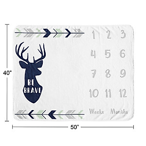 Sweet Jojo Designs Woodland Deer Boy Milestone Blanket Monthly Newborn First Year Growth Mat Baby Shower Memory Keepsake Gift Picture - Navy Blue, Mint and Grey Woodsy Forest Arrow Be Brave