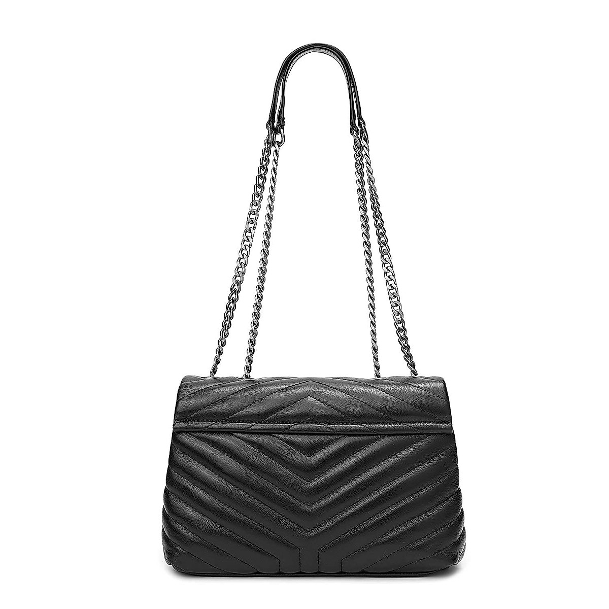 EvaLuLu Leather Quilted Chain Shoulder Bag Designer Women Flap Handbags (Medium, Black)