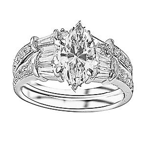1.75 Ctw Marquise Cut Baguette Round 14K White Gold Diamond Engagement Ring Wedding Bridal Band Set (J-K Color I1-I2 Clarity 1 Ct Center)