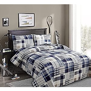 Jarson Patchwork Bedding Plaid Quilts Set Full/Queen Size, 3Pcs Navy Blue Buffalo Bedspreads Summer Lightweight Coverlet Pillow Shams