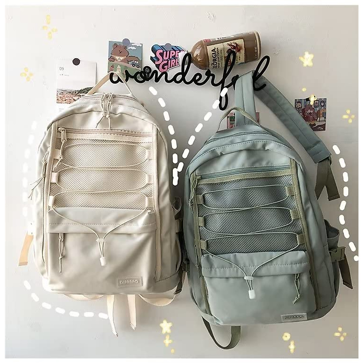 HCOOLE Kawaii Backpack with Plush Pendant School Backpack Cute Waterproof Mesh Camping Aesthetic Solid Color Backpack