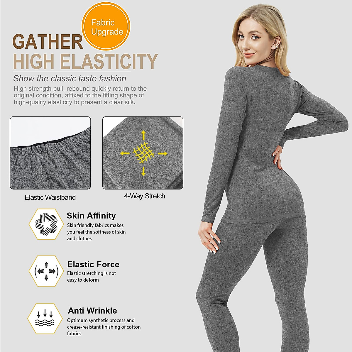 MeetHoo womens Women,winter Fleece Lined Long Johns Thermal Underwear for Women Winter Warm Base Layer Compression Set, Gray, Medium US