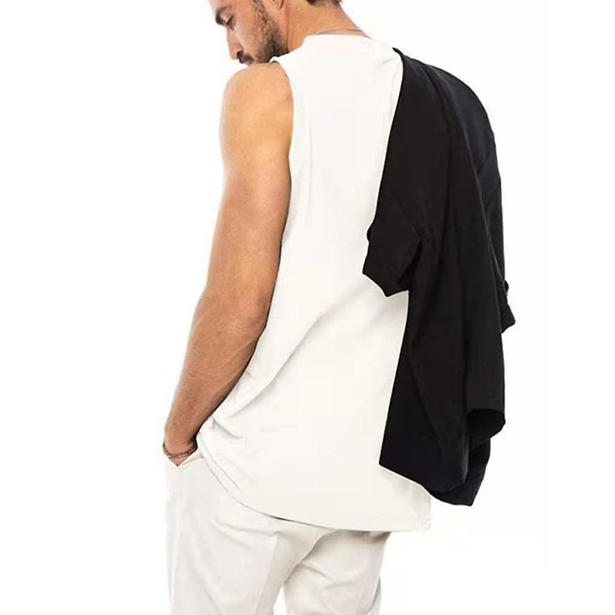 utcoco Men's Cotton Linen Tank Top Solid Color V-Neck Cut Off Tee Summer Beach Sleeveless Shirts for Men (L, White)