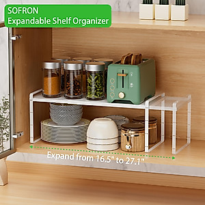 SOFRON Expandable Cabinet Storage Shelf Stackable Organizer Rack for Kitchen Bathroom Pantry Spice Cupboard Countertop Home Office Desk Heavy Duty Nonslip White Large 1 Pack