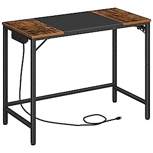 HOOBRO Computer Desk, Home Office Desk with Power Outlet, Modern Study Writing Desk with 4 Hooks for Study Room, Home Office, Sturdy and Stable, Easy to Assemble, Rustic Brown and Black BF40UDN01
