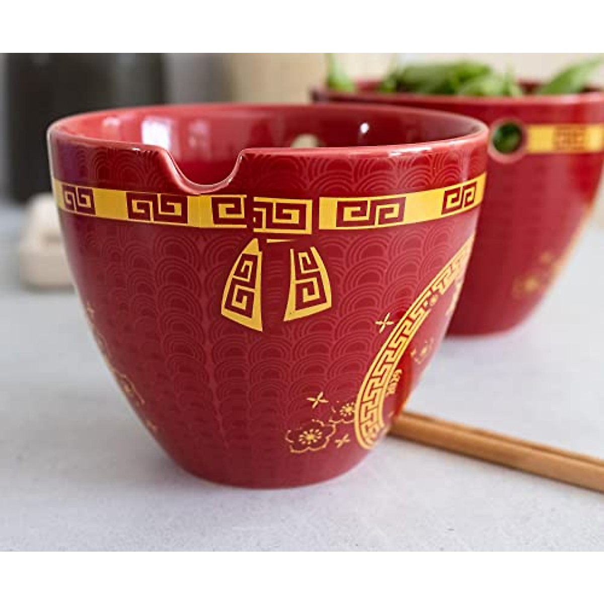 Boom Trendz Year Of The Ox Chinese Zodiac Ceramic Dinnerware Set | Includes 16-Ounce Ramen Noodle Bowl and Wooden Chopsticks Asian Food Dish For Home & Kitchen Kawaii Lunar New Gifts red One Size