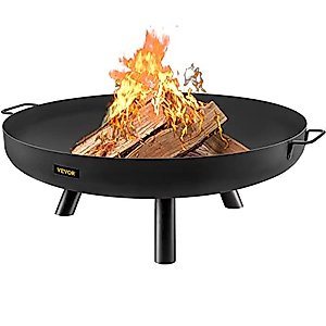VEVOR Fire Pit Bowl, 30-Inch Deep Round Carbon Steel Fire Bowl, Wood Burning for Outdoor Patios, Backyards & Camping Uses, with A Drain Hole, Portable Handles and A Firewood Stick, Black