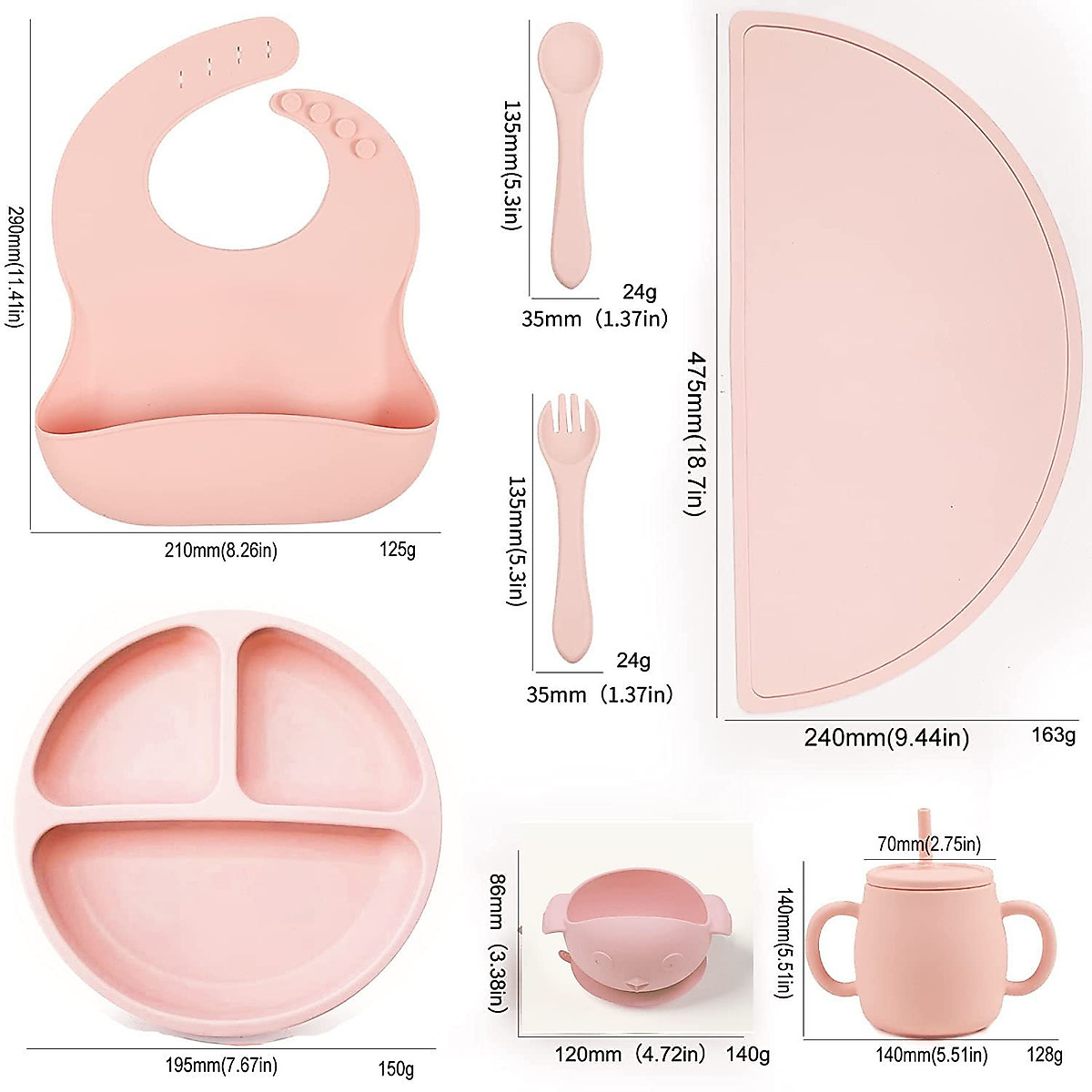 Silicone Baby Feeding Set, Baby Led Weaning Supplies with Suction Plates, Bowls Toddler Self Feeding Dish Set with Spoons Forks, Feeding Mat