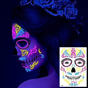 8 sheets Luminous Halloween Face Tattoos Glow in The Dark Day of the Dead Full Face Tattoos Waterproof Decorations Sugar Skull Stickers UV Glow Neon Mask Tattoo for Masquerade and Parties