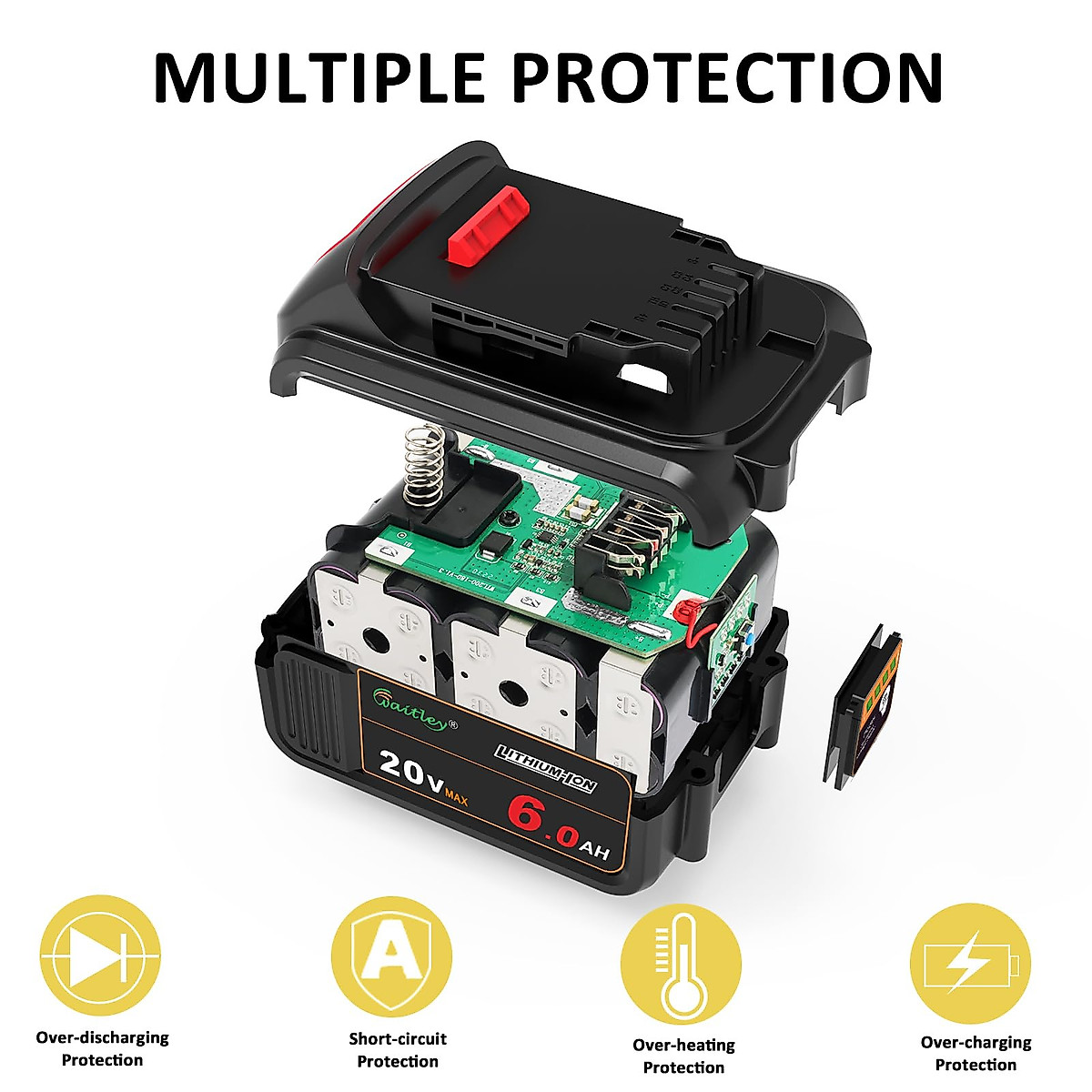 waitley 20V 6.0A Replacement Battery Compatible with Dewalt DCB200 DCD DCF DCG Series Cordless Power Tools