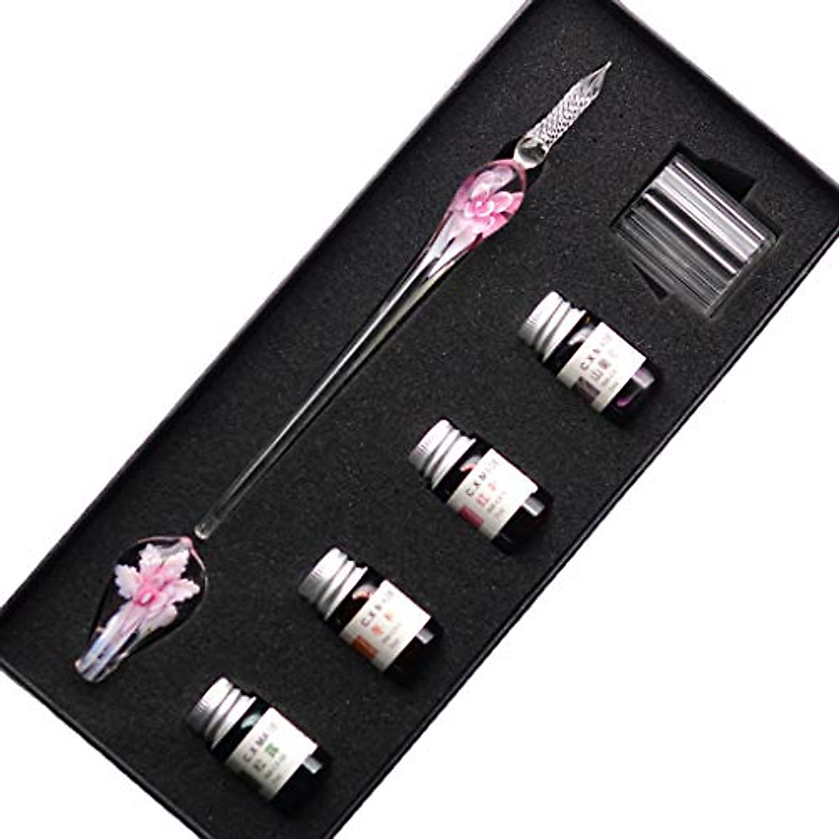 BUZHI Handmade Floral Glass Dip Pen Set,Signature Pen Glass Calligraphy Pen and 4 Colors Ink,1 Pen Holder,1 Washing Bottle,for School Stationery Gifts