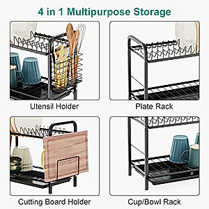 GSlife Dish Drying Rack, 2 Tier Rust-Resistant Dish Rack with Drainboard Compact Dish Drainer with Utensil Holder, Cutting Board Holder for Kitchen Counter, Black