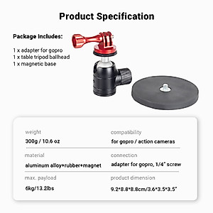 MOSHUSO 3.5"/88mm Wide Magnetic Camera Mount for Gopro, 360° Rotatable Tripod Ball Head Mount for Action Cameras, Rubber Coated Magnet Base Ideal for Mounting Action Cameras to Cars or Metal Surface