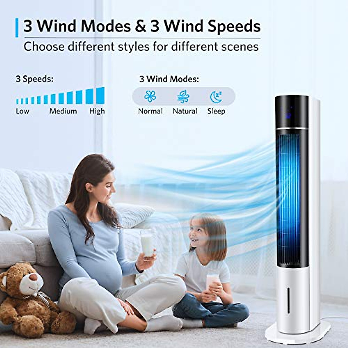 Swamp Cooler Fan, Oscillating Evaporative Air Cooler 43-inch, Quiet Air Conditioner Fan, lnstant Cool & Easy Use, 3 Modes & 3 Speeds, 12H Timer, 2 Ice Boxes, Remote & Panel Control for Room & Office