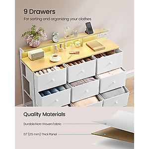 SONGMICS Dresser for Bedroom, Storage Organizer with 9 Fabric Drawers and LED Lights, Charging Station, Steel Frame, 13.2 x 44.9 x 33 Inches, Entryway, Cloud White ULTS519W01