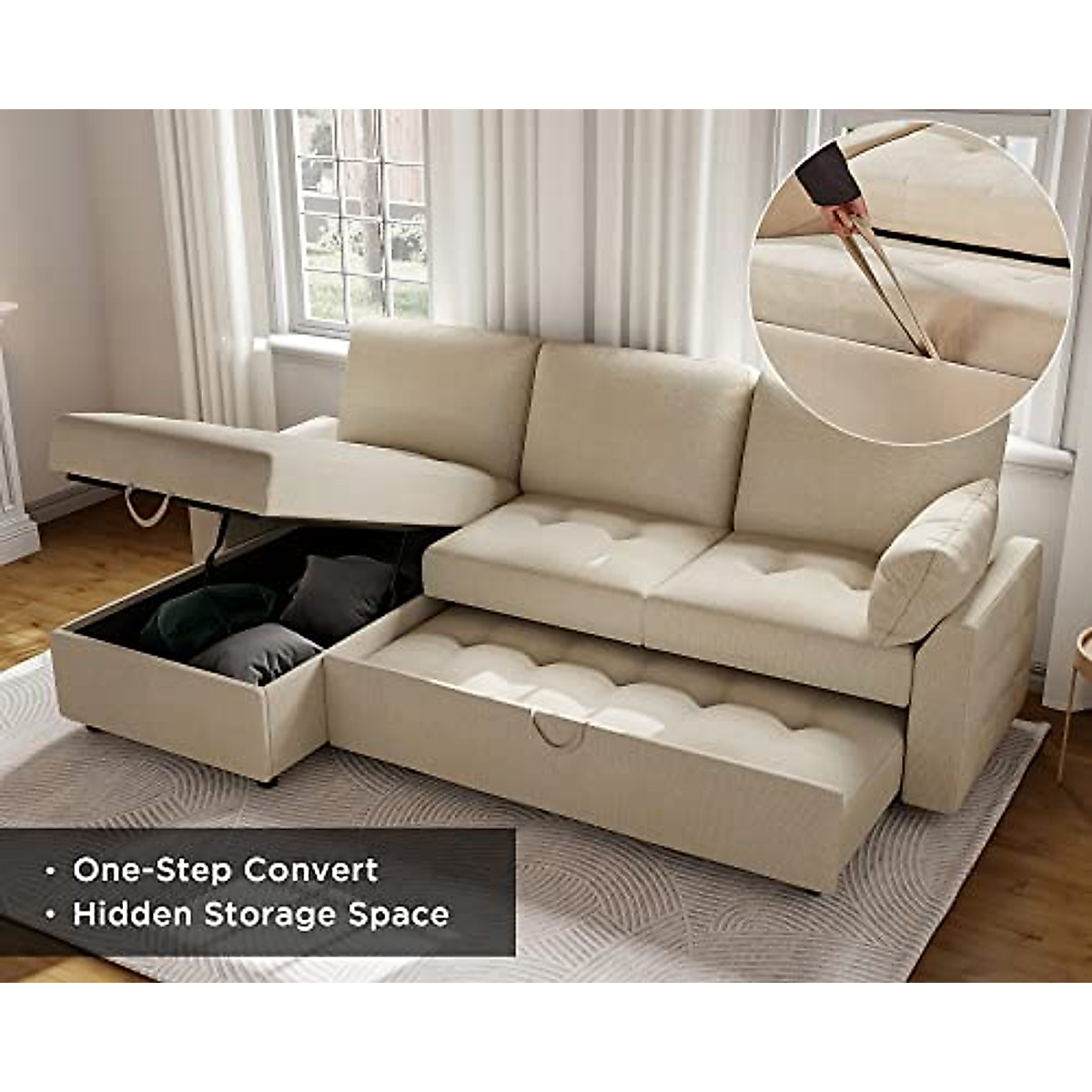 VanAcc Pull Out Convertible Sofa Bed with Storage Chaise, Tufted Sleeper Sectional Couch for Living Room (Beige)