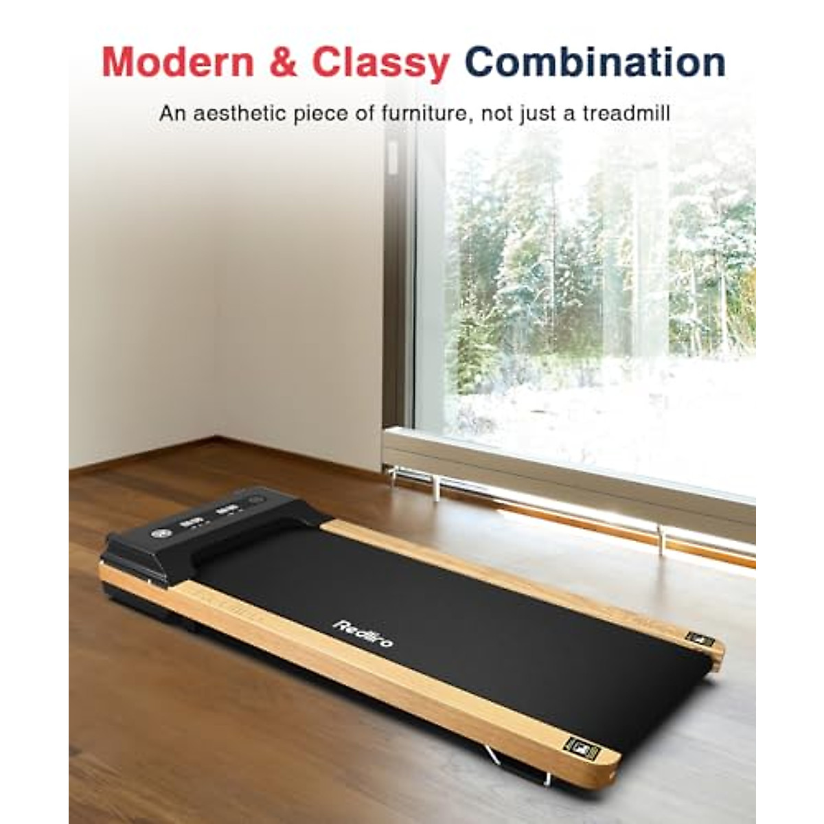 Redliro Walking Pad Treadmill Under Desk, Wood 300 lb Capacity Sports Equipment with Remote Control LED Display, Compact Portable Walking Machine for Office & Home Use (Natural Wood)