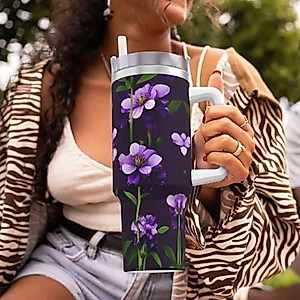 HULIBIN Blooming Purple Flowers Print Double Deck Stainless Steel Travel Coffee Cup With Lid 40 Oz Ice Bully Cup