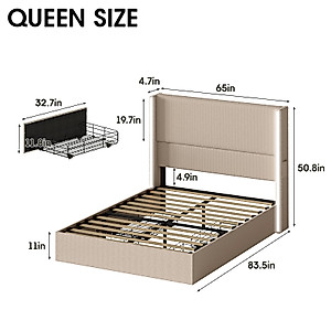 Queen Size Bed Frame with 4 Storage Drawers and LED Lights,Upholstered Queen Bed Frame with Headboard and Charging Station,Ease of Installation,Taupe