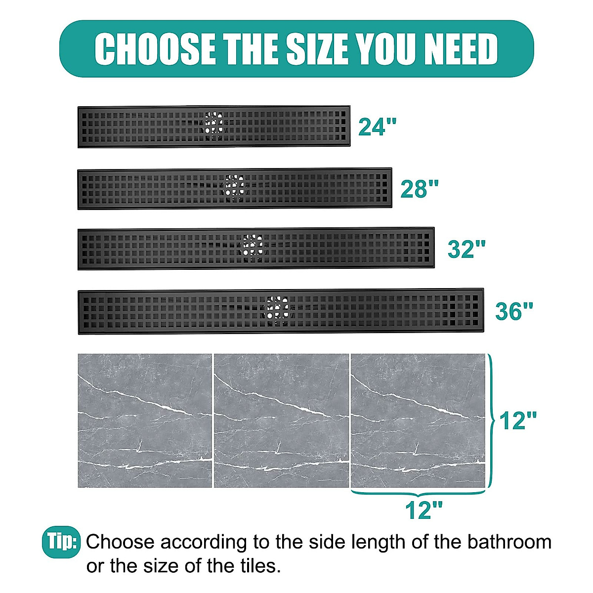 BARONAGE Linear Shower Drain 24 Inch with Removable Square Hole Pattern Cover Grate, 304 Stainless Steel Black Shower Floor Drain Watermark & CUPC Certified Include Accessories