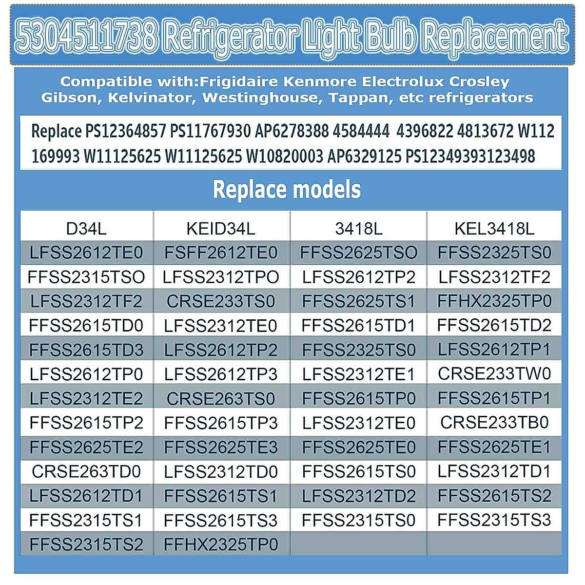Yooank 𝙐𝙥𝙜𝙧𝙖𝙙𝙚𝙙 𝗞𝗘𝗜 𝗗𝟯𝟰𝗟 𝗥𝗲𝗳𝗿𝗶𝗴𝗲𝗿𝗮𝘁𝗼𝗿 𝗕𝘂𝗹𝗯 Replacement for Electrolux Frigidaire Refrigerator LED Light Bulb 5304511738 AP6278388 (85V-265V White Light) - 2 Pack