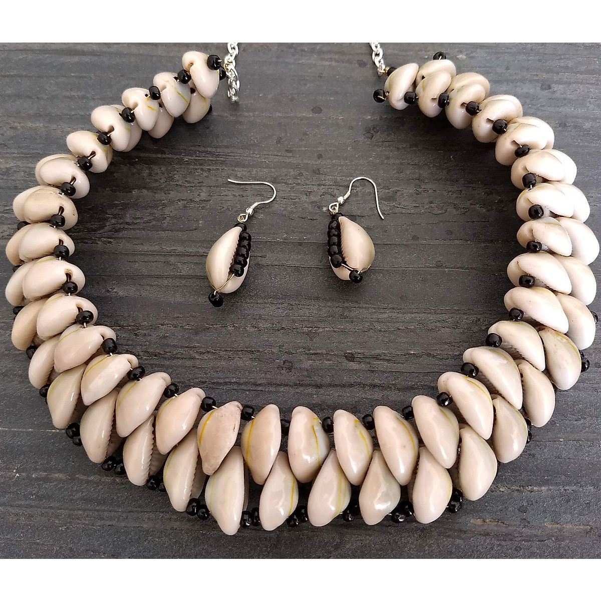 Unique Collar Choker Bib Egyptian African Beaded Natural Cowrie shells on Geman Silver Wire embellished with black glass beads | Boho Gypsy Cleopatra Afghan Kuchi Tribal Belly Dance Necklace Earrings