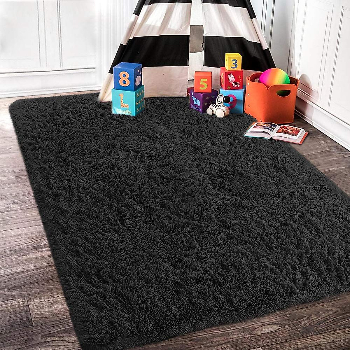 HOMORE Rugs for Living Room 6x9 Black Fluffy Area Rug Modern Shag Rugs for Bedroom, Super Soft and Comfy Carpet, Cute Carpets for Kids Nursery Boys Girls Room Decor