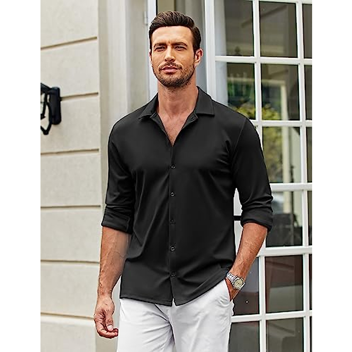 COOFANDY Men's Long Sleeve Button Down Shirts Stretchy Business Casual Shirt Black