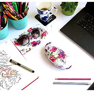 MyEyeglassCase Women Floral Sunglasses case - Hard Glasses Holder - Eyeglass Case Metal Hard shell in watercolor print for Medium - Large frames, with drawstring Pouch & Cloth (AS113 Cranberry Rose)