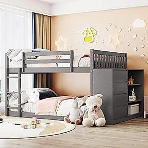 Harper & Bright Designs Bunk Bed Full Over Full with Storage, Wood Ful lSize Floor Bunk Beds with 4 Drawers and 3 Shelves for Kids, Low Multi Storage Bunk Beds Frame for Kids, Teens, Adults (Grey)