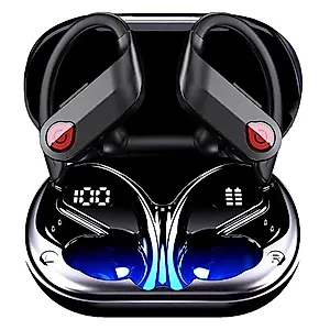 Wireless Earbuds Bluetooth Headphones IPX7 Waterproof Hanging Ears Immersive HiFi Charging Case Digital Display Headset Premium Deep Bass for Sports Running Gaming Black