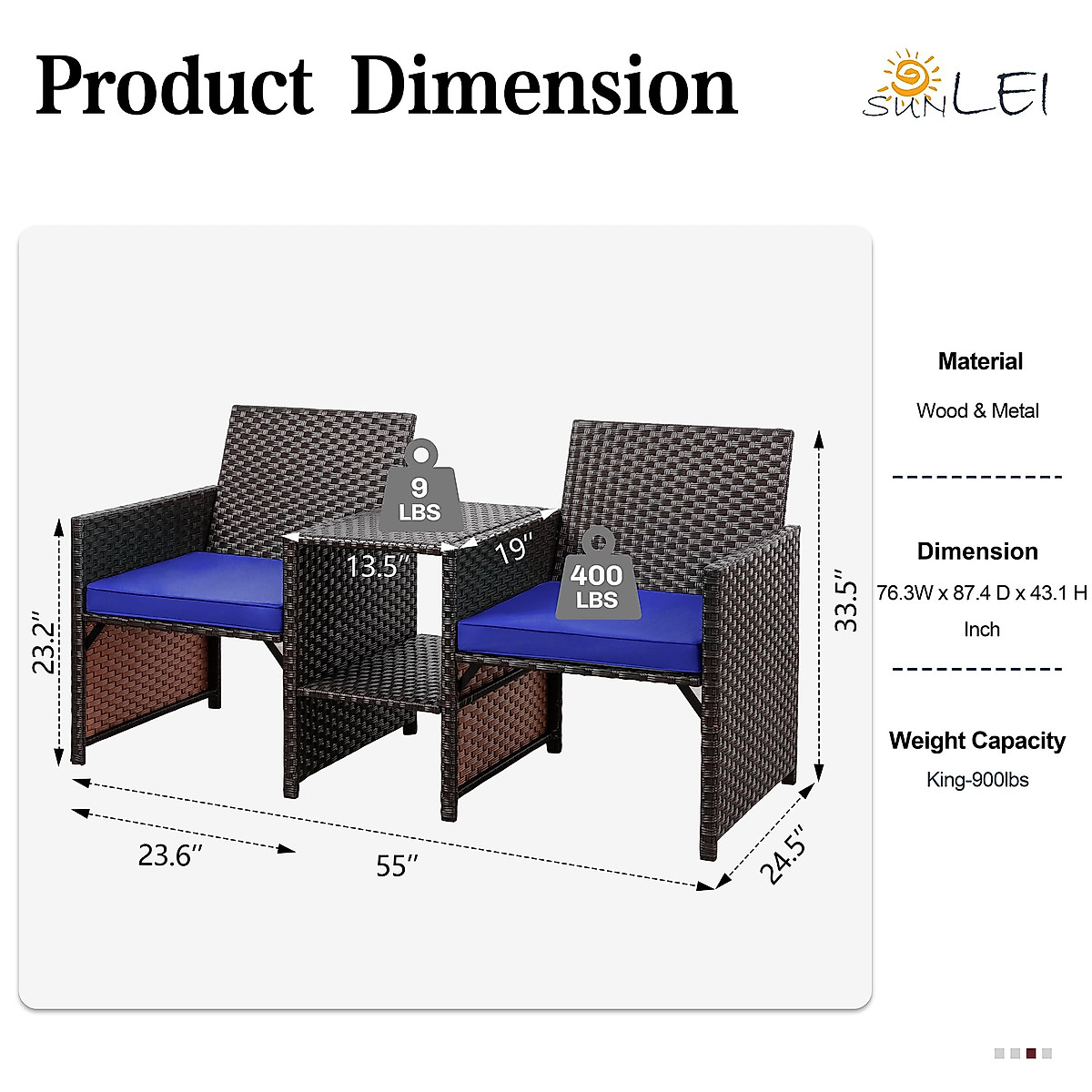 SUNLEI Outdoor Rattan Loveseat, Wicker 2-Seat Patio Conversation Furniture Set with Built-in Table & Removable Cushions for Balcony, Lawn, Backyard (Black Rattan/Royal Blue)