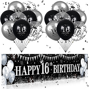 Black Silver Happy 16th Birthday Decorations Black Silver Happy 16th Birthday Banner Yard Sign and 18Pcs Black Silver 16th Birthday Balloons for Boys Girls Birthday Anniversary Party Decor Supplies