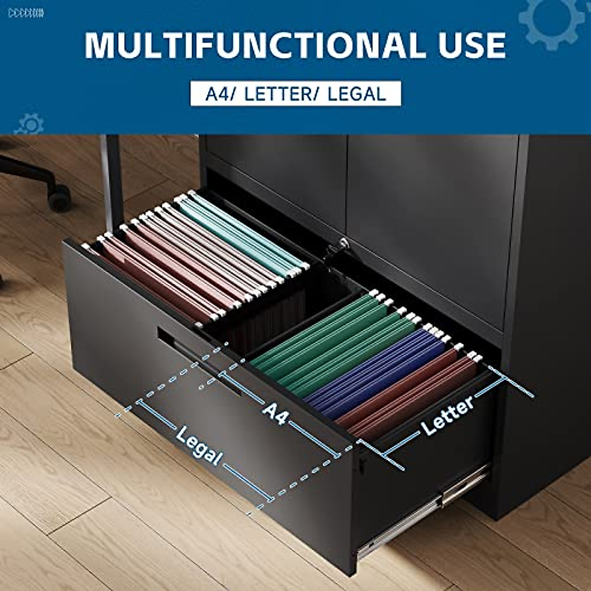 PEUKC Metal File Cabinet with Drawer, Lockable Vertical Lateral Filing Storage Cabinet, File Cabinet with Storage Cabinet for Home Office, Legal/Letter/A4 Size Steel File Storage Cabinet, Black