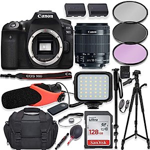 Canon EOS 90D DSLR Camera w/Canon 18-55mm STM Lens Kit + Pro Photo & Video Accessories Including 128GB Memory, LED Light, Condenser Micorphone, 60" Tripod & More