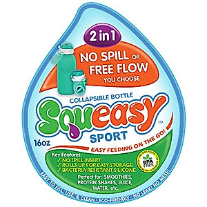 Aqua 16 oz Squeasy Snacker Spill Proof Silicone Reusable Food Pouch - for Both Soft Foods and Liquids - Water, Apple Sauce, Yogurt, Smoothies, Baby Food - Dishwasher Safe