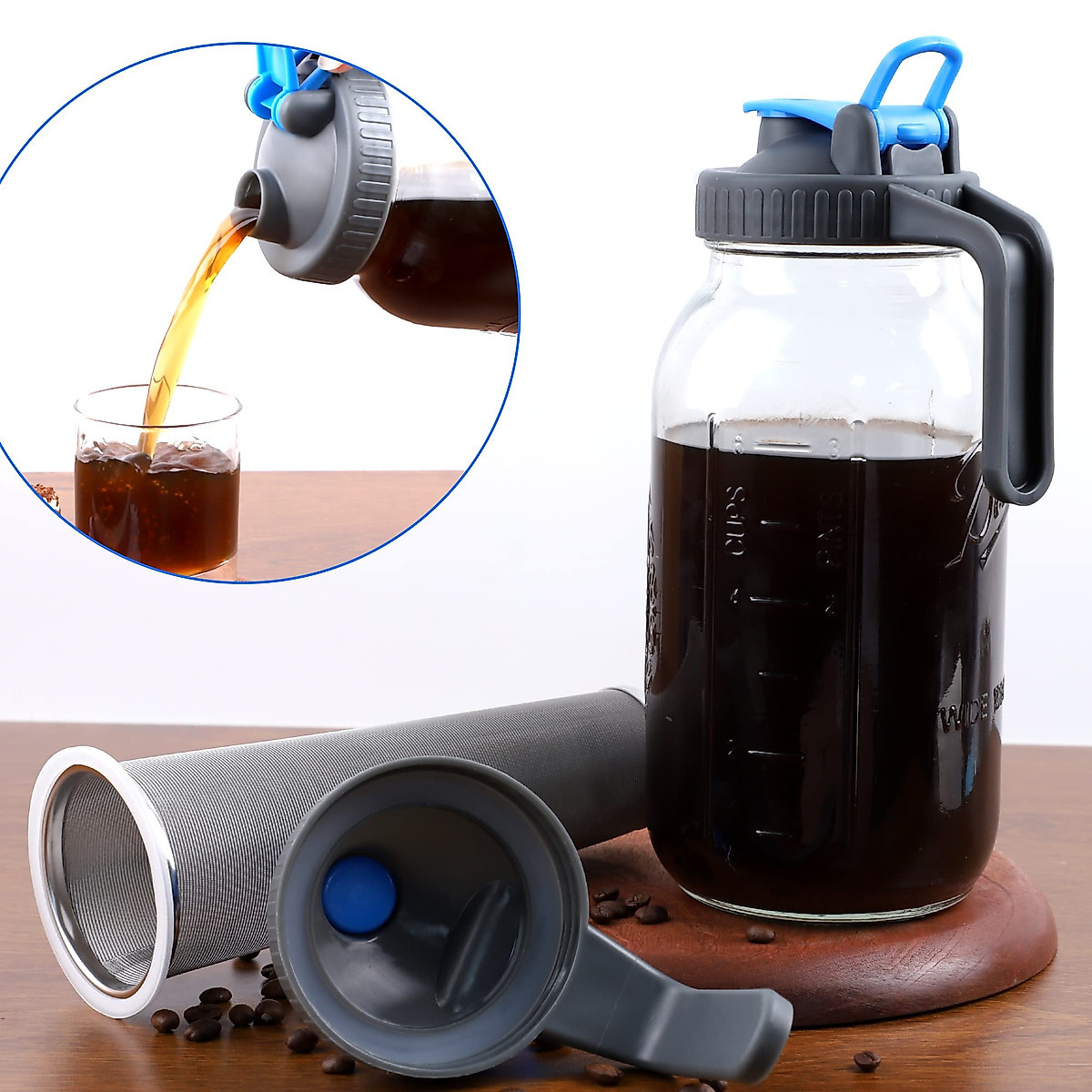 Mason Jar Cold Brew Coffee Maker 64 OZ Wide Mouth Cold Brew Pitcher With Pour Spout Handle Lid And Brew Filter For Iced Coffee, Iced Tea, Lemonade And Beverages