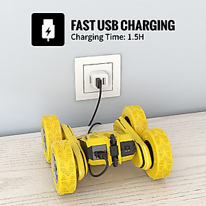 SGILE RC Stunt Car Toy Gift, 4WD Remote Control Car with 2 Sided 360 Rotating Rc Car for Kids Girls Boys Age 6 7 8 12, Yellow