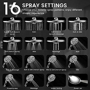FEELSO 10" High Pressure Shower Head Combo with Handheld Spray, 16 Settings, 11" Adjustable Arm, ON/OFF Pause Switch