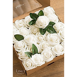 Ling's Moment Artificial Flowers Ivory Foam Fake Roses with Stems 25pcs for DIY Wedding Bridal Shower Centerpieces Tables Decorations Party