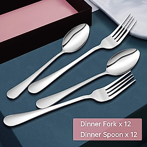 24Pcs Forks and Spoons Silverware Set,Tableware Spoons and Forks Set,Food Grade Stainless Steel Flatware Cutlery Set,Fork and Spoon Set for Home Kitchen Restaurant,Dishwasher Safe,Mirror Polished