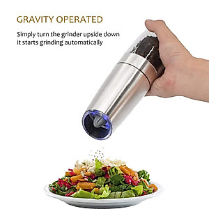 Gravity Electric Pepper Grinder, Salt and Pepper Mill & Adjustable Coarseness, Battery Powered with LED Light, One Hand Automatic Operation, Stainless Steel (Single/Silver)