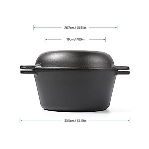 HAWOK Pre-seasoned Cast Iron 2 in 1 Dutch Oven with Loop Handles 5-qt Cast Iron Dutch Oven Pot with Lid Black