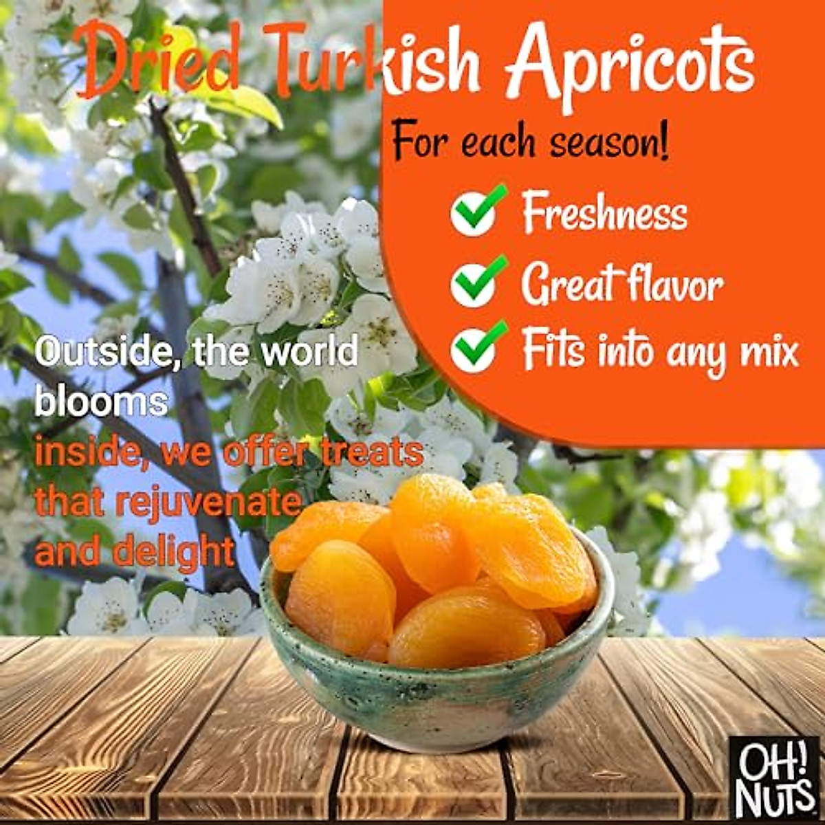 Oh! Nuts Dried Turkish Apricots - 2 LB Bulk | Fresh Dehydrated Natural Apricots, Sundried Unsweetened Dried Fruit for Snacking & Baking | No Sugar Added, All Natural, Non-GMO, Gluten-Free