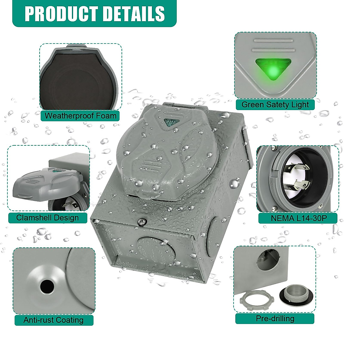 OUTPRIZE Pre-Drilled Generator Inlet Box, NEMA 3R 30 Amp Outdoor Waterproof Power Inlet Box, NEMA L14-30P 4 Prong, 125/250 Volt, 7500 Watts, ETL Listed