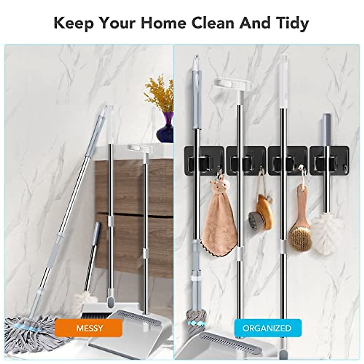 HOMEASY Mop Broom Holder No Drill SUS304 Stainless Steel, Mop Broom Organizer Wall Mounted Heavy Duty with Hooks Hanger, Self Adhesive Stainless Steel 4Pcs for Bathroom, Kitchen, Office
