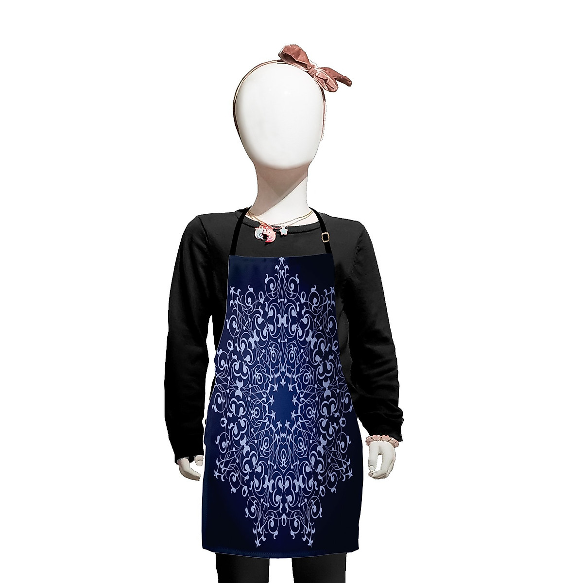 Lunarable Royal Blue Apron, Traditional Persian Turkish Middle Eastern Classic Pattern Artwork, Small Apron Bib with Adjustable Ties for Baking Painting, Small Size, Dark Blue